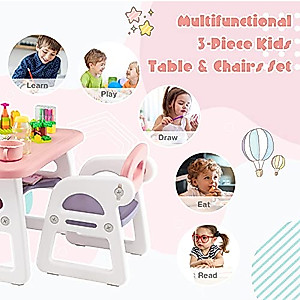 UIIAIOUIAIO Children Kids Table and Chair Set, 3 Pcs Plastic Activity Table for Toddlers w/Building Blocks, Storage Shelf for Reading Drawing Writing Arts Crafts, Toddler Table and Chair Set(Pink)