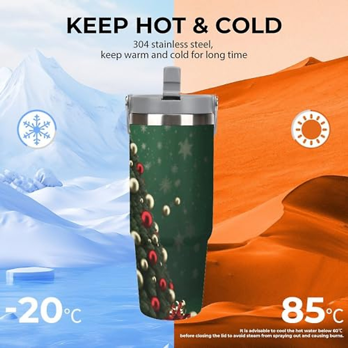 BWQJKUO Large Capacity Car Cup 30 Oz Stainless Steel Round Ball Christmas Tree Printed Travel Mug Leak-proof Flip Straw Tumbler with Handle,keeps Cold Or Ho