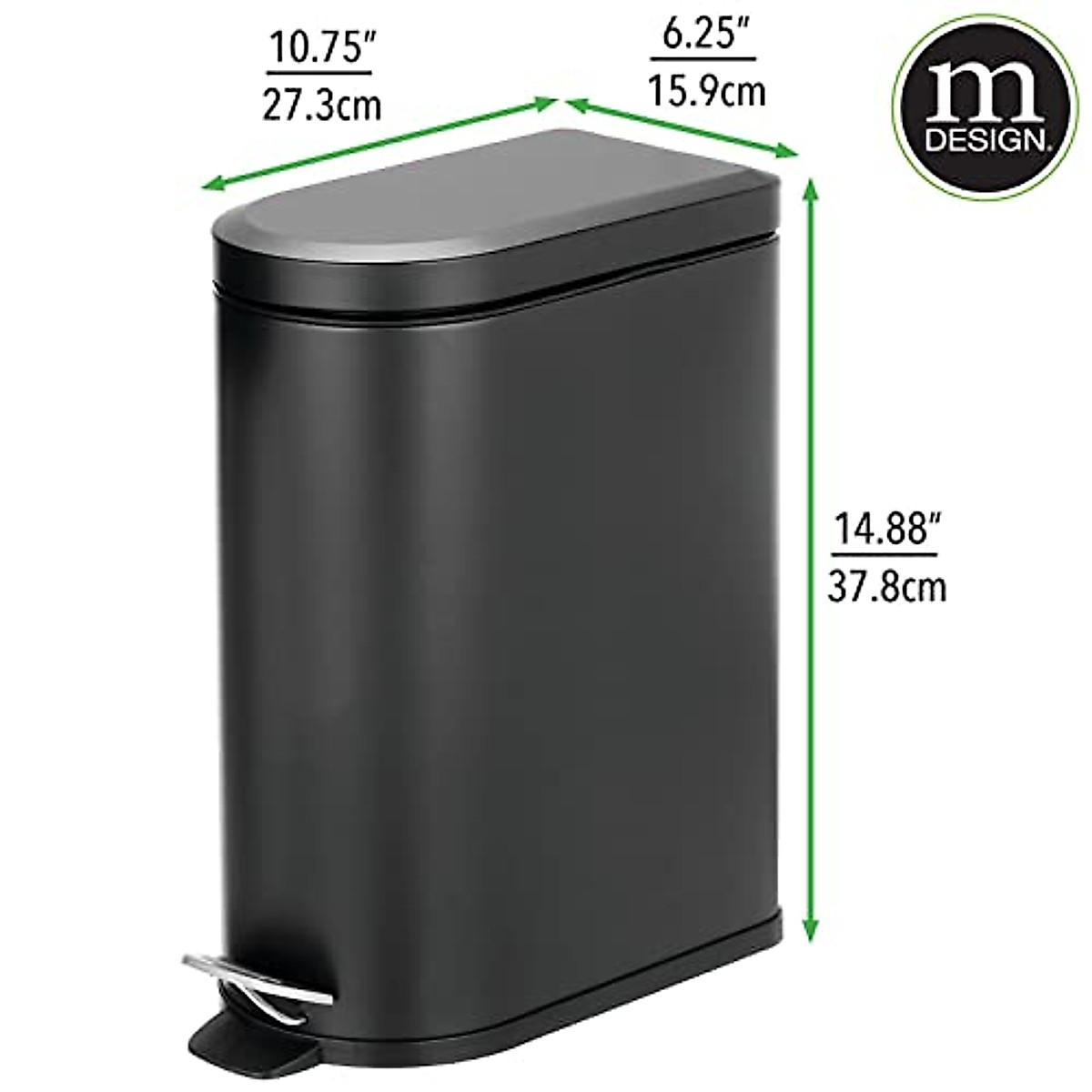 mDesign Small 2.6 Gallon Stainless Steel Metal Step Trash Can Garbage Bin for Bathroom, Bedroom, Home Office - D-Shape Trashcan with Foot Pedal/Lid, Removable Liner Bucket with Handles, Black