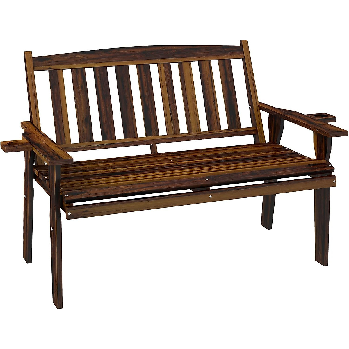 BAIVAKON Wood Outdoor Bench, 2-Person Garden Bench with Cupholder Armrests, Slatted Seat and Backrest, Park Bench for Patio, Porch, Lawn, Deck, Carbonized