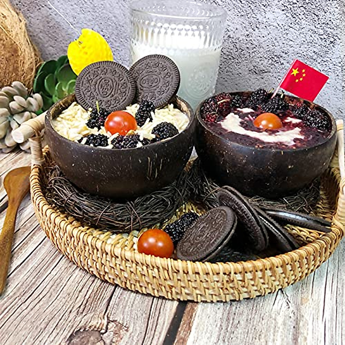 Hovico 3pcs Coconut Bowls with Spoons, 100% Natural Handmade Kitchen Utensils Bowl Polished with Coconut Oil Eco-Friendly Coconut Bowl Durable Lightweight Useful