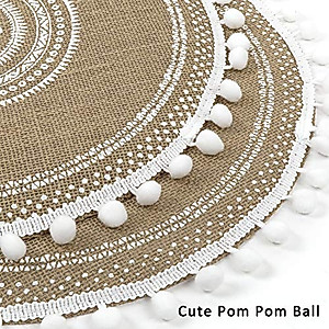 Collive Boho Round Placemat 15 Inch - Farmhouse Woven Jute Fringe Table Mats Set of 4 with Pompom Tassel Place Mat for Dining Room Kitchen Table Decor, White Tribal Folk
