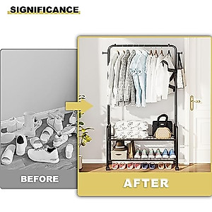 JIUYOTREE Rolling Clothes Rack 35.4 Inches Freestanding Metal Clothing Rack with 2-Tier Storage Racks Garment Coat Rack with Wheels for Clothes Shoes Hats Bags Black