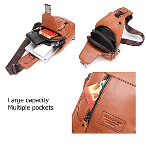 BULLCAPTAIN Leather Men's Sling Backpack Multi-pocket Crossbody Chest Bags Travel Hiking Daypack with Earphone Hole (brown 2)