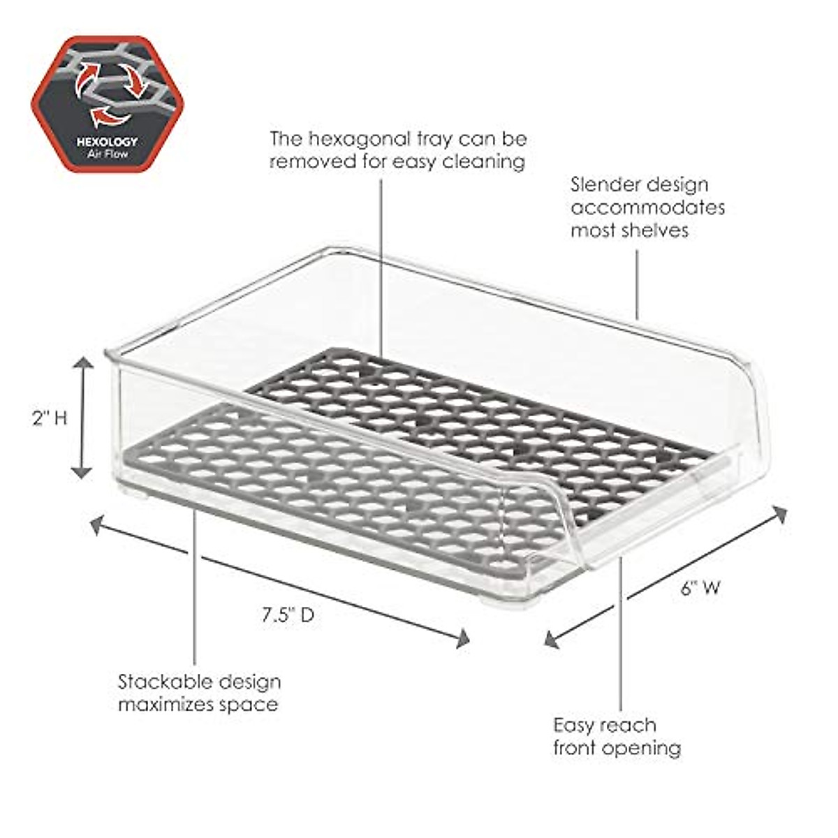 Spectrum Diversified Hexa in-Fridge Small Refrigerator Bin for Storage and Organization of Fruit Vegetables Produce and More, 8.5 x 6 x 2.25, Clear/Dark Gray