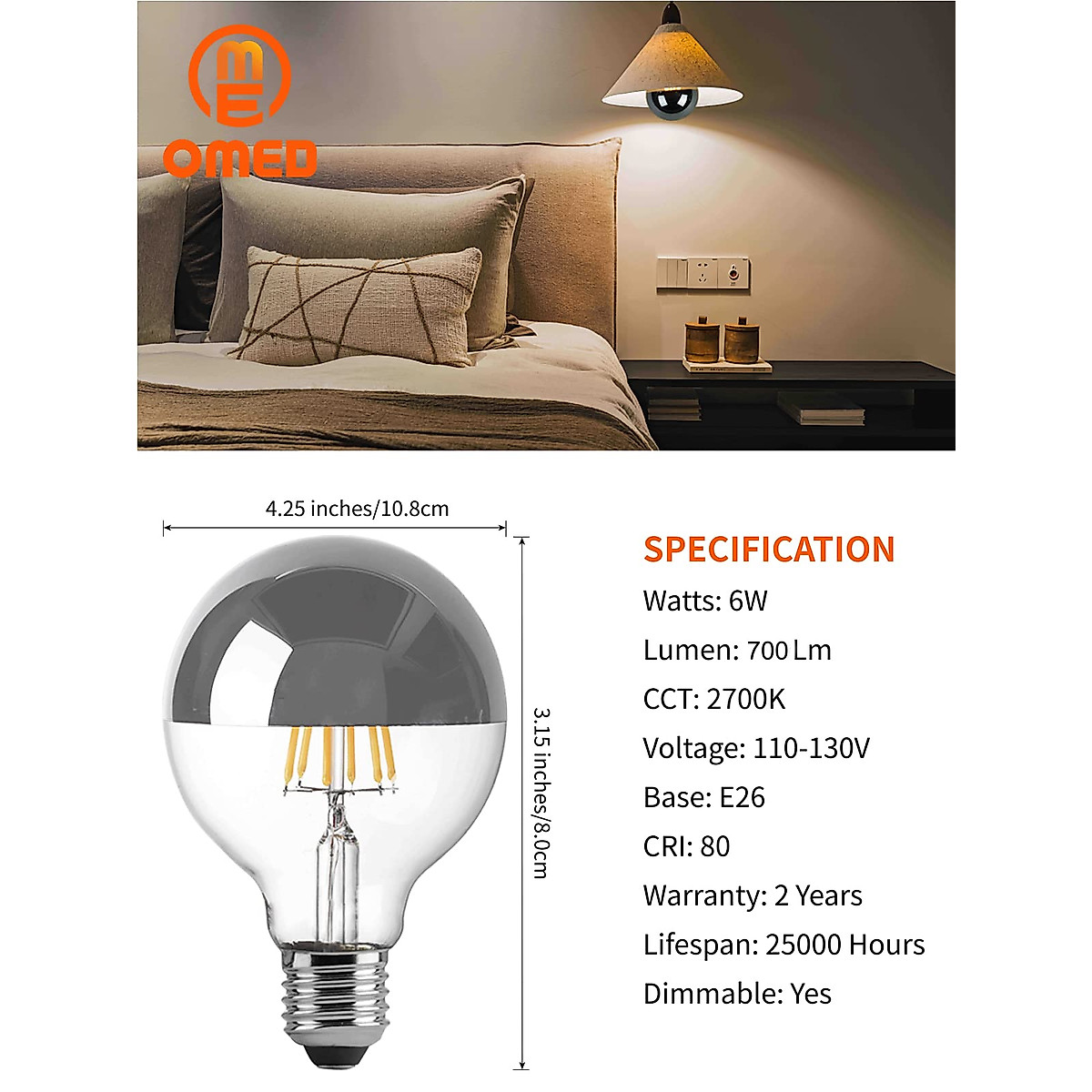 OMED 60w Equivalent Half Chrome Led 4 Pack Lights | 6Watt G25/G80 Silver Bowl Globe Shape LED Blub | Warm White 2700K Medium E26 Base Dimmable LED Filament 600 Lumens Vintage Bulb