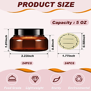 Tessco 24 Pack Plastic Jars with Lids Labels Empty Clear Plastic Jars Round Refillable Cosmetic Containers Body Butter Containers Bulk Sugar Scrub Bottle for Make Up(5 oz,Brown)
