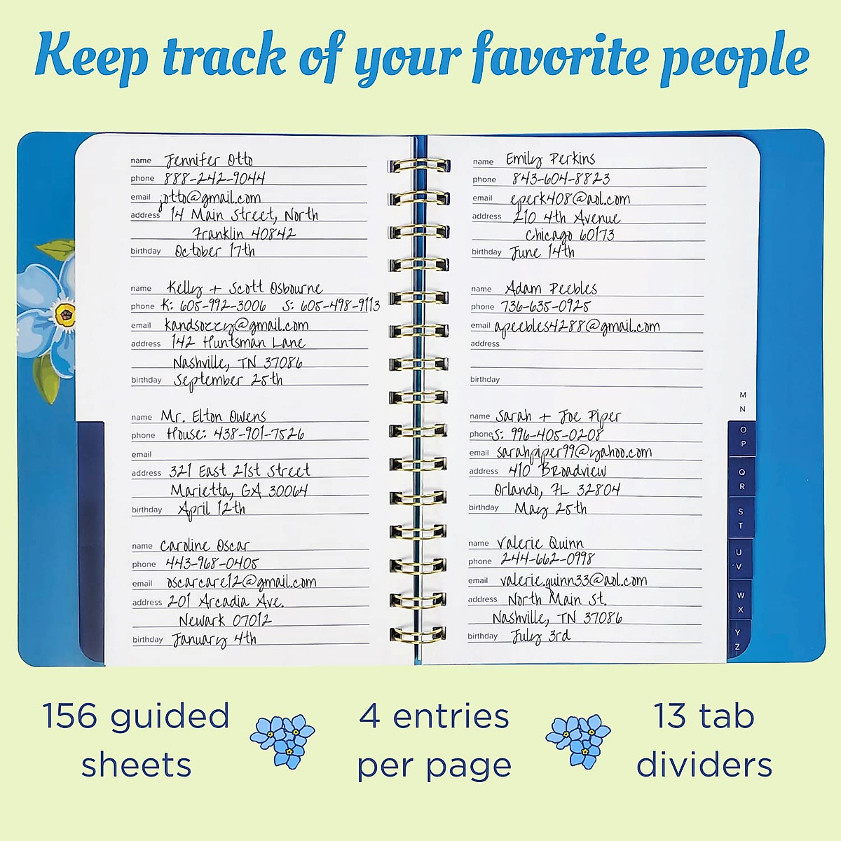 Steel Mill & Co Address Book with Alphabetical Tabs, Spiral Bound Contact Book, Blue Floral Personal Organizer, 8 x 6, Forget Me Not