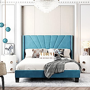 HBRR Queen Size Bed Frame with Velvet Upholstered Headboard, Low Profile Platform Bed with Wood Slats, Fully Upholstered Mattress Foundation, Noise-Free, Easy Assembly, Blue
