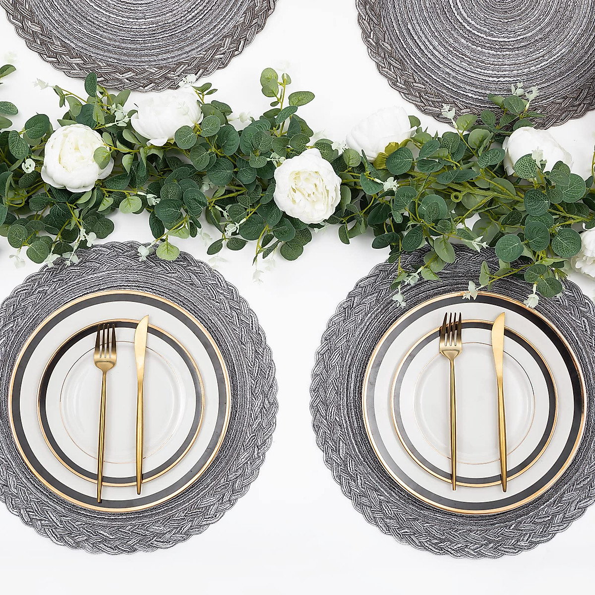 SHACOS Round Placemats Set of 6 Woven Round Table Mats 15 inch Braided Border Washable Cotton Polyester Circle Place Mats, Gray