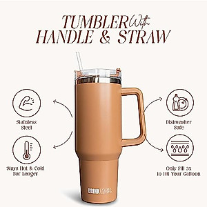 Drink Trois (Women-Owned 40 oz Tumbler With Handle and Straw Lid Insulated Reusable Stainless Steel Water Bottle Travel Mug Iced Coffee Cup Travel Mug for Cold Beverages 40 oz Tumbler with Handle