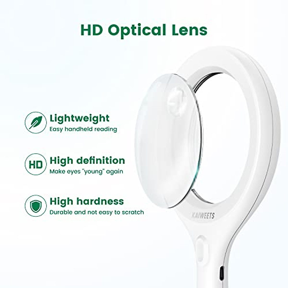 KAIWEETS Magnifying Glass with 16 LED Lights and Stand, Weight 145g Handheld Magnifier with 3 Brightness Modes Rechargeable for Close Work, Reading, Inspection, Coins, Jewelry, Exploring