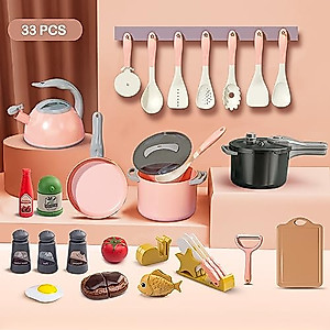 Zero Zoo 33Pcs Kids Kitchen Toy Accessories, Toddler Pretend Cooking Playset with Play Pots, Pans, Utensils, Cookware, Learning Gift for Girls Boys (Pink)