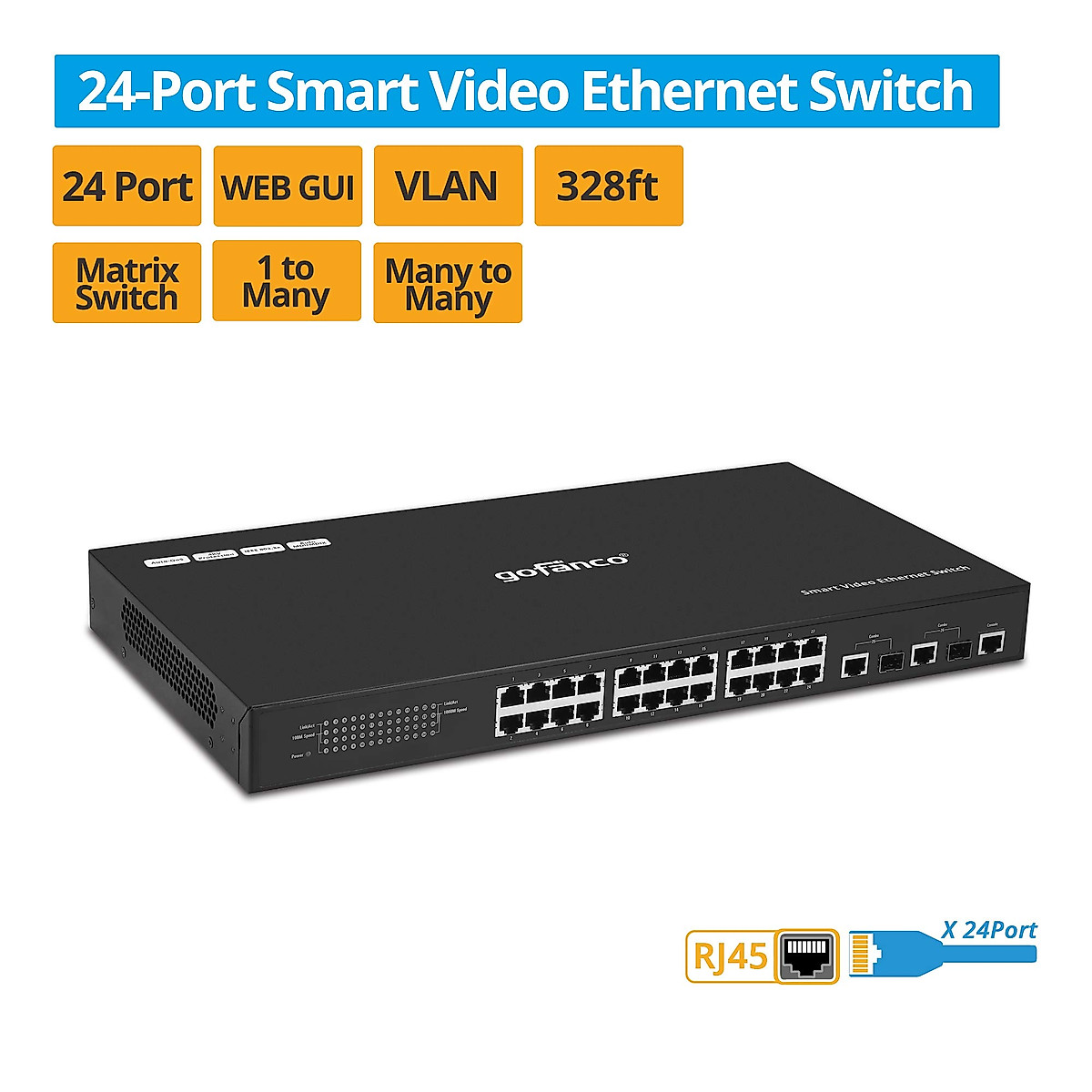 gofanco 24 Port Smart Managed Video Ethernet Switch (Dedicated) – Customized for HDMI Over IP Extender Switching, One-to-Many & Matrix Switching Capable, Easy Web GUI Control, 328ft (100m)