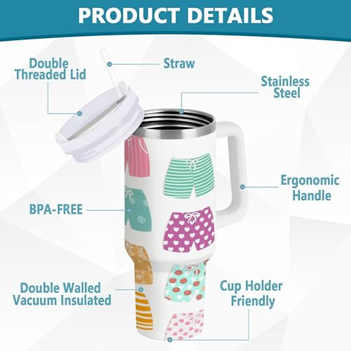 Burbuja Beach Shorts Pattern 40oz Insulated Tumblers with Handle and Straw Lid, Double Wall Stainless Steel Travel Mug Leak-Proof, BPA Free, Gift for Mom Dad