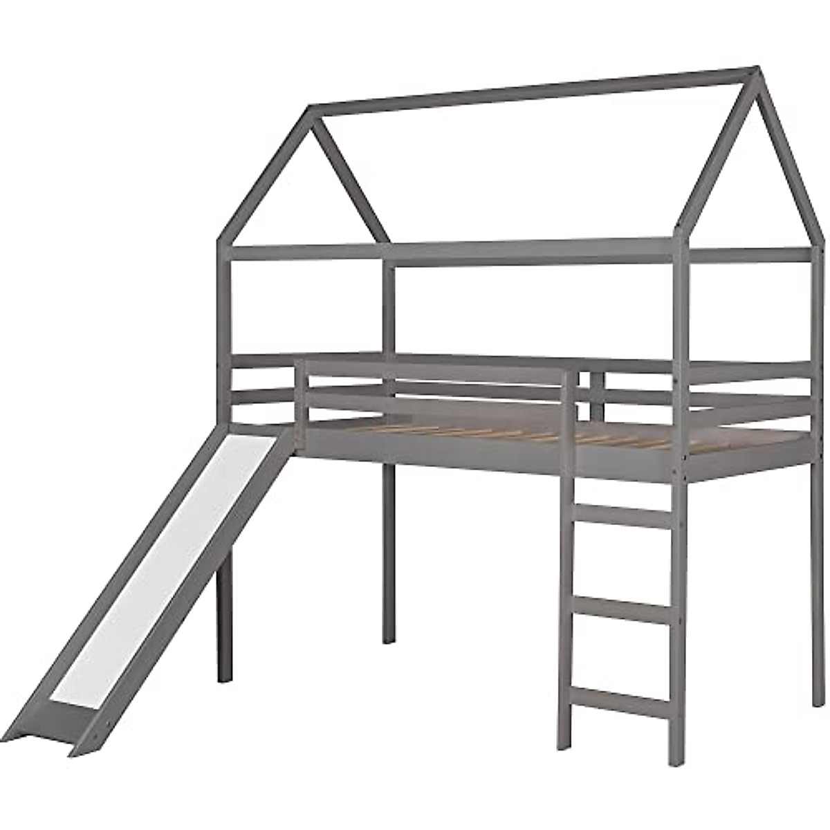 LostCat Twin Size Loft Bed with Slide, House Shaped Solid Pine Wood Bed Frame with Safety Guardrail & Ladder, No Box Spring Needed, Save Space Design for Kids, Teens, Girls, Boys, Grey