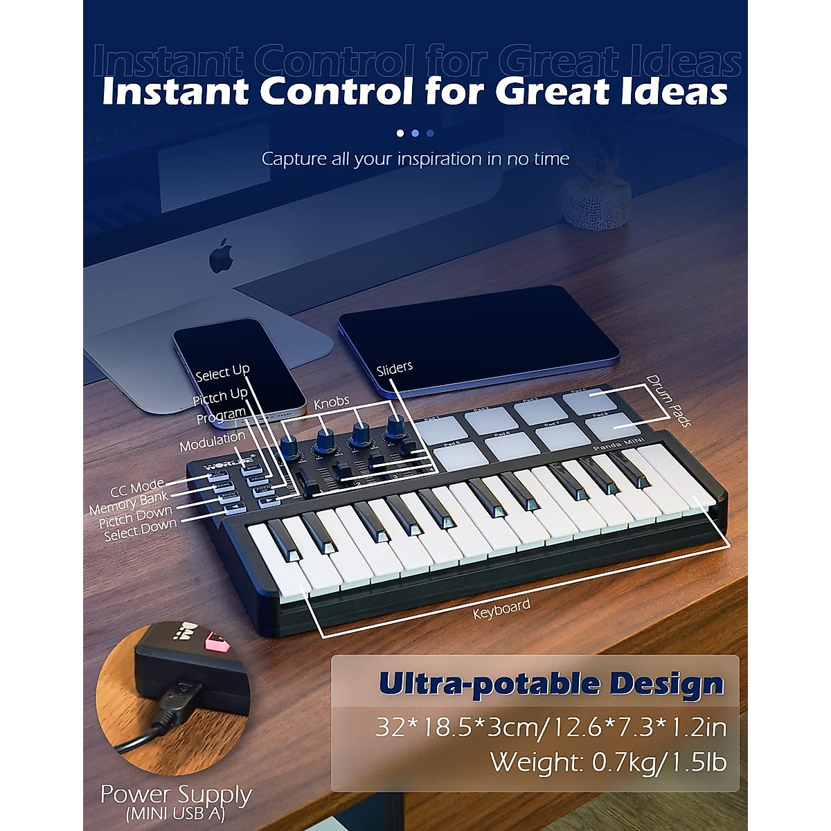 Vangoa MIDI Keyboard Controller 25 Keys, Worlde Panda MINI USB Midi Keyboard with Drum Pads, Beat Maker Machine Pad, Black