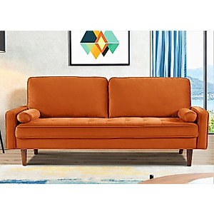 US Pride Furniture Velvet Tufted Sofa, Iconic Mid-Century Style Living Room Furniture with Contemporary Silhouette, Button Tufting and Wood Legs, Includes 2 Bolster Pillows, Couch, Orange
