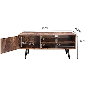 usikey Mid-Century TV Stand for TVs up to 50 Inches, Entertainment Center with Open Storage Shelves & Cabinet, Modern TV Console for Living Room, Rustic Brown
