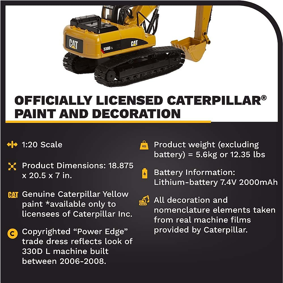 Diecast Masters RC Truck Cat 330D L Hydraulic Excavator | Fully Functional Radio Control Excavator Truck | 1:20 Scale Model Remote Control Truck, RC Caterpillar Trucks | CAT Yellow Diecast Model 28001