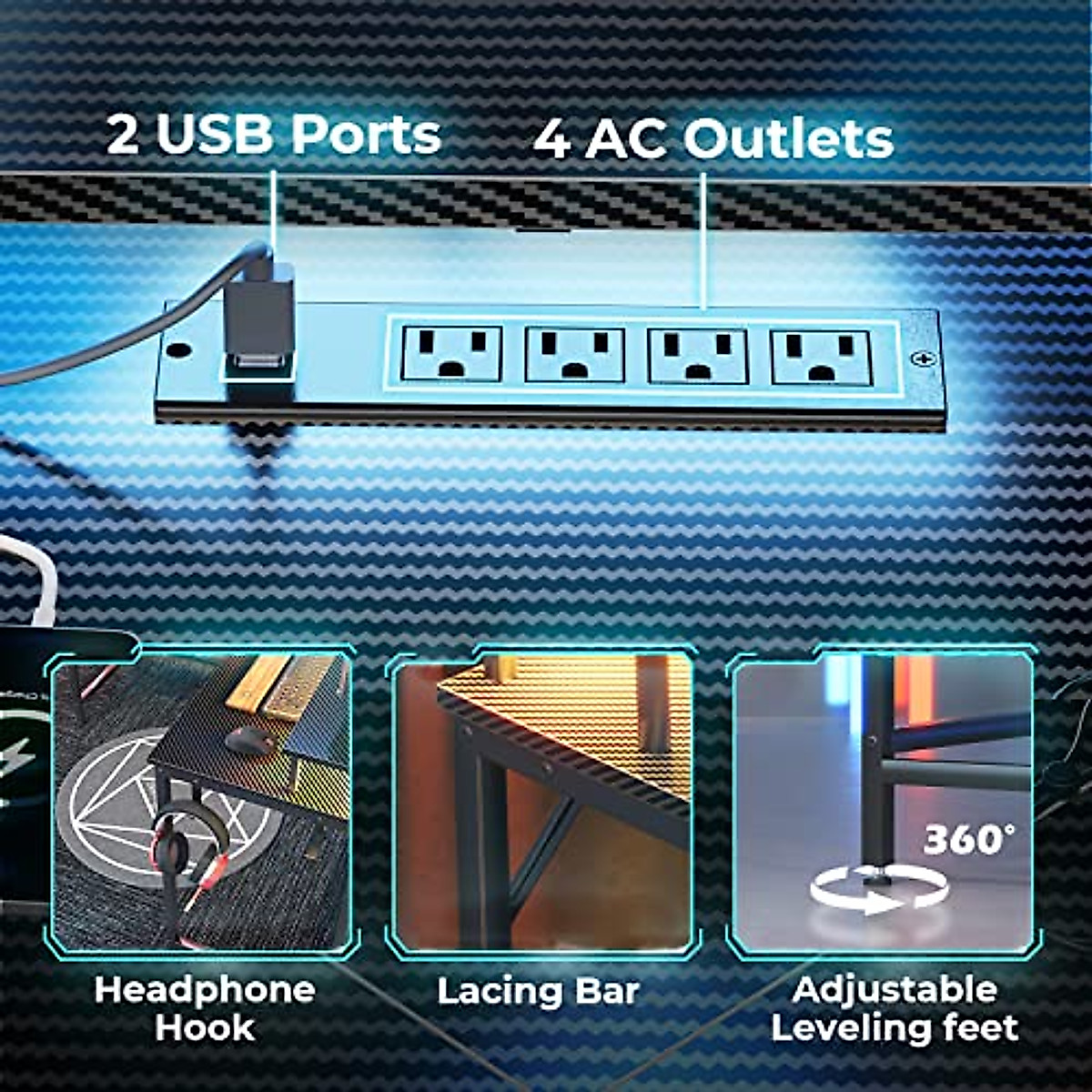 Huuger L Shaped Gaming Desk with Power Outlets & LED Lights, Computer Desk with Monitor Shelves, Carbon Fiber Surface, Home Office Desk, Corner Gaming Desk with Hooks, Black