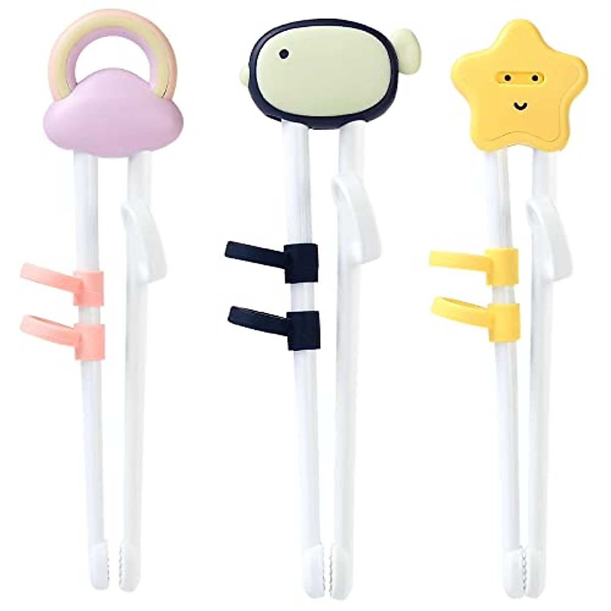Plum Garden Training chopsticks for kids and beginners, 3pcs learning chopstick helper with finger ring attachable (blink Stars, rainbow clouds, flyer bird）