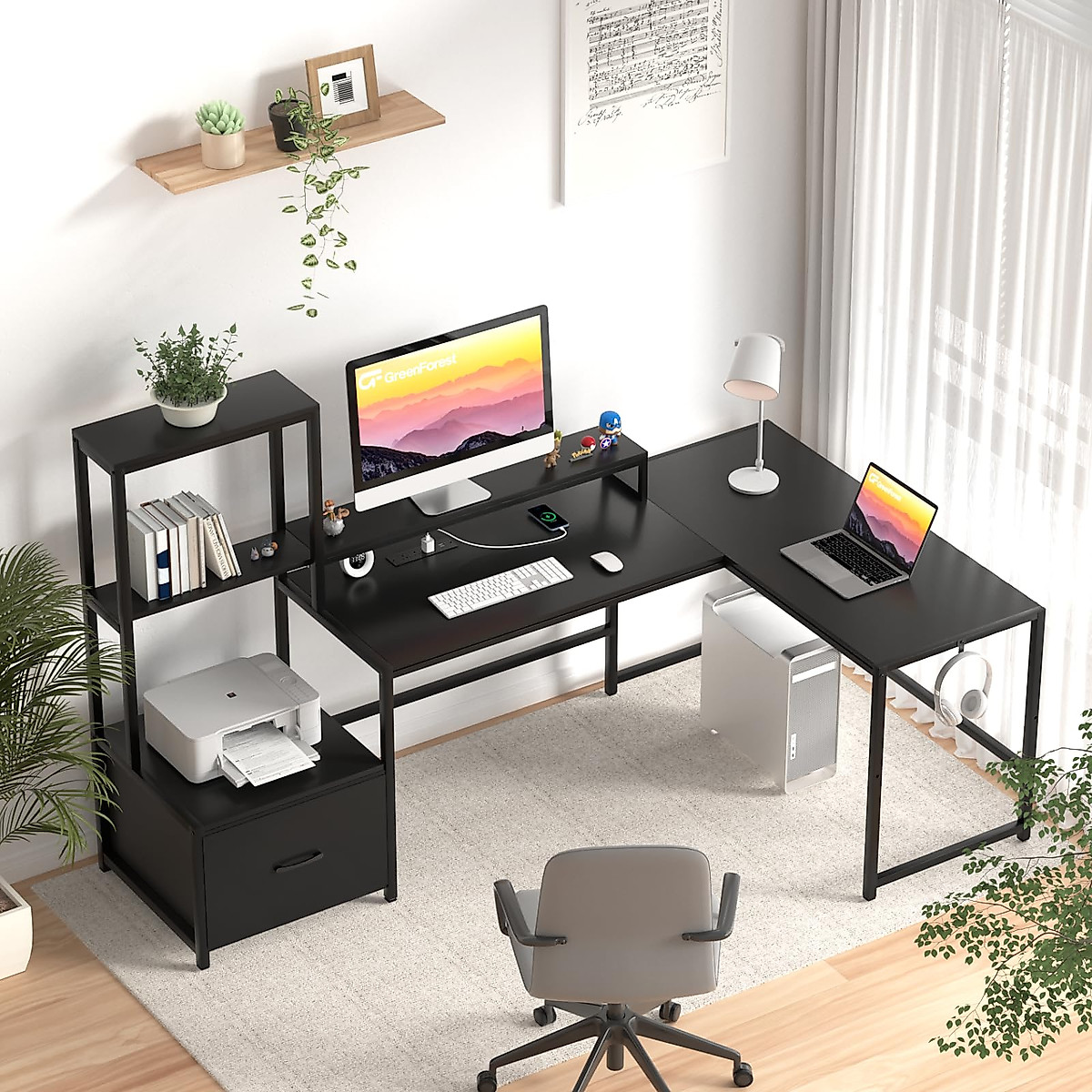 GreenForest 70" L Shaped Desk with Power Outlets & Printer Shelf,Reversible Computer Desk with Drawer & Monitor Stand,Home Office Gaming Desk with Storage Space,Black