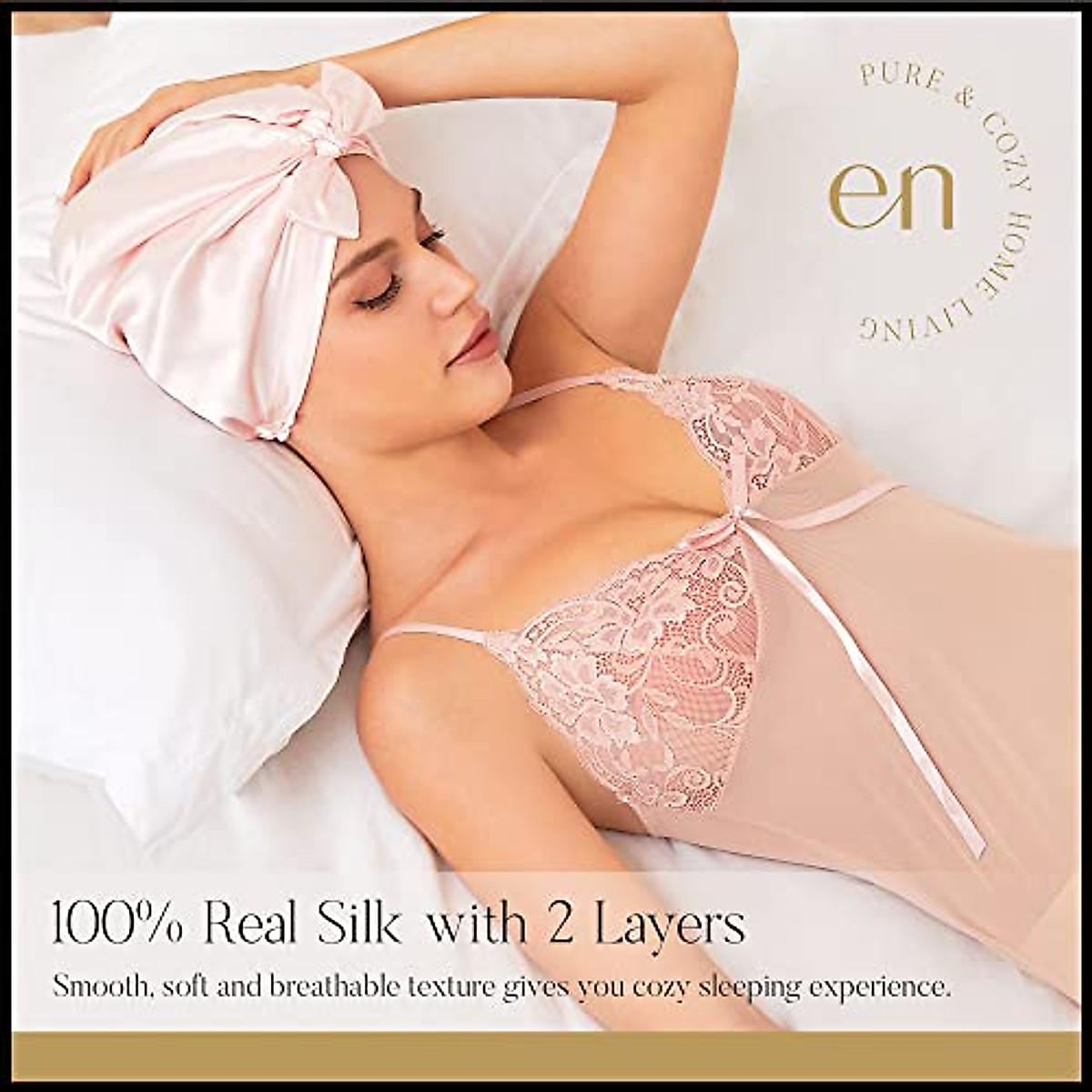 ennva 22 Momme 100% Silk Sleep Cap 2-Layered Night Hair Bonnet - Sleeping Cap for Curly Hair -Head Wrap for Maximum Moisture Pink