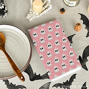 Artoid Mode Pink Ghost Spooky Halloween Kitchen Towels Dish Towels, 18x26 Inch Bow Knot Decoration Hand Towels Set of 2