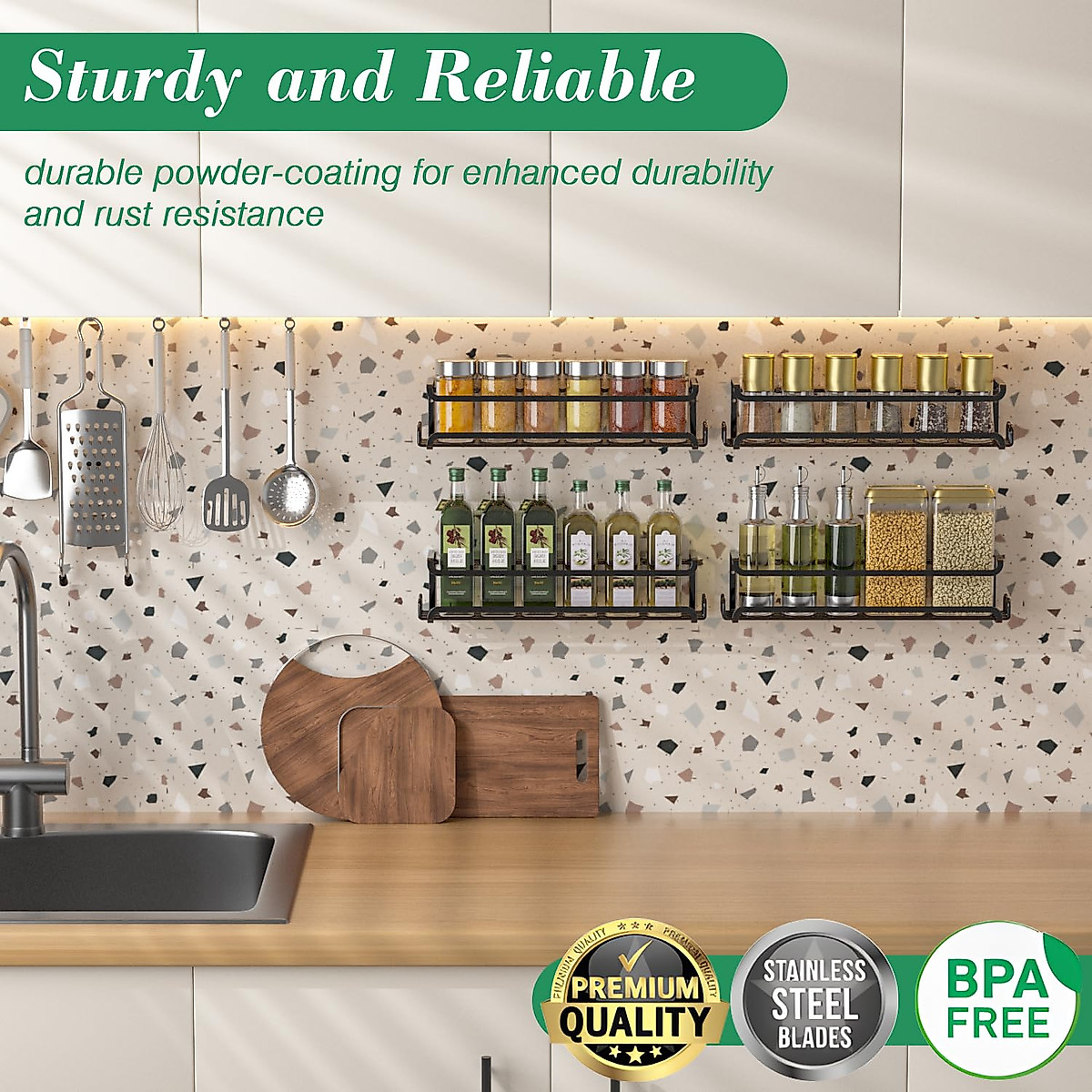 LUCYCAZ 4 Pack Wall Mounted Spice Rack with 16 Hooks, Spice Organizer for Cabinet Pantry Door,Screw or Adhesive Spice Shelf Hanging Wall Spice Rack in Kitchen and RV (Black)