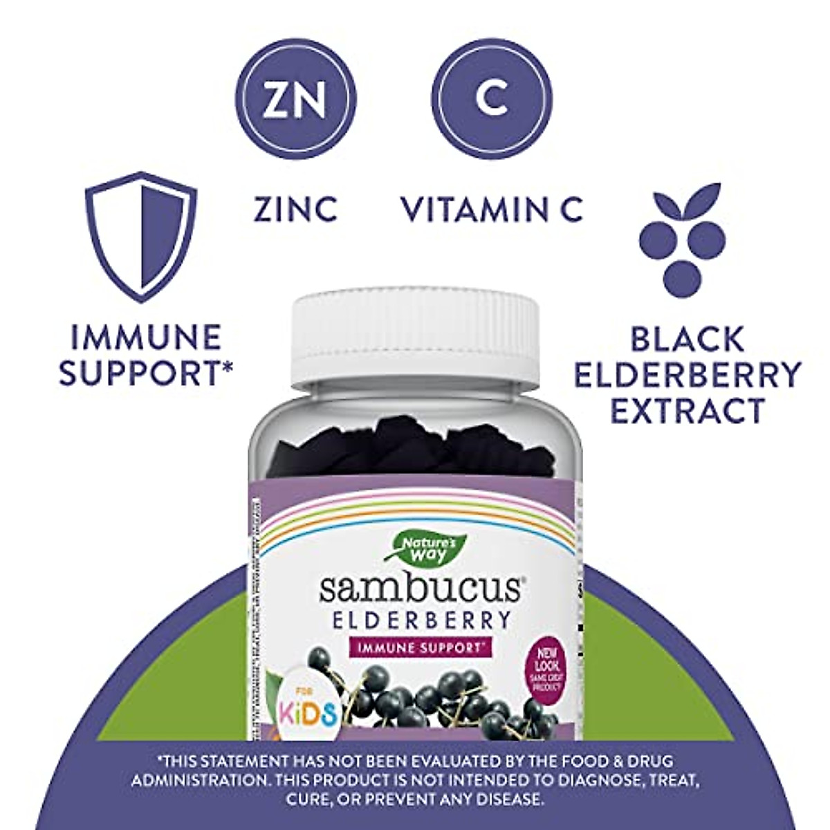 Nature’s Way Sambucus Elderberry Gummies for Kids, Immune Support Gummies*, with Vitamin C and Zinc, Delicious Berry Flavor, 60 Gummies