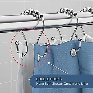 BBLHOME Shower Curtain Hooks, Shower Curtain Rings Rust Proof Metal Smooth Glide Double Shower Curtain Hooks for Bathroom Shower Curtains Rod, Kitchen Utensils,Towels, Set of 12,Chrome