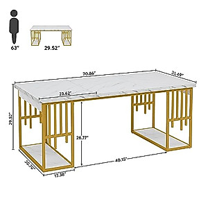 Tribesigns 70.9" Dining Table for 6-8, Long Modern Kitchen Table with Storage, Large Rectangular Dinner Table for Kitchen, Dining & Living Room, White Faux Marble Top & Gold Metal Frame, Easy Assembly