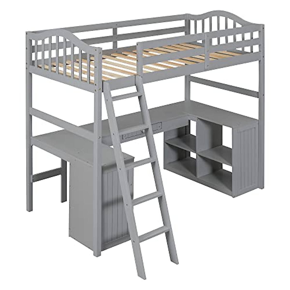GJHOME Kids Loft Bed with Desk and Drawers, Wooden Twin Loft Bed with Storage Shelves and Angled Ladder, High Loft Bed Frame for Kids, Teens, Adults Boys & Girls, Gray