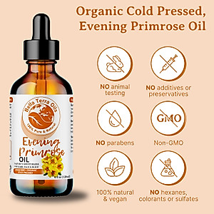 Bella Terra Oils - Organic Evening Primrose Oil 4oz - Unveiling the Richness of Cold-Pressed Organic Evening Primrose, Abundant in Vitamin F & Essential Fatty Acids for an Enhanced Glow