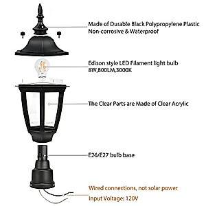 FUDESY Outdoor Post Lights, Electric Exterior Lamp Post Light Fixture with Pier Mount Base, LED Bulb Included, Anti Corrosion Black Plastic Materials, 2-Pack Pole Lanterns for Garden, Patio, Pathway