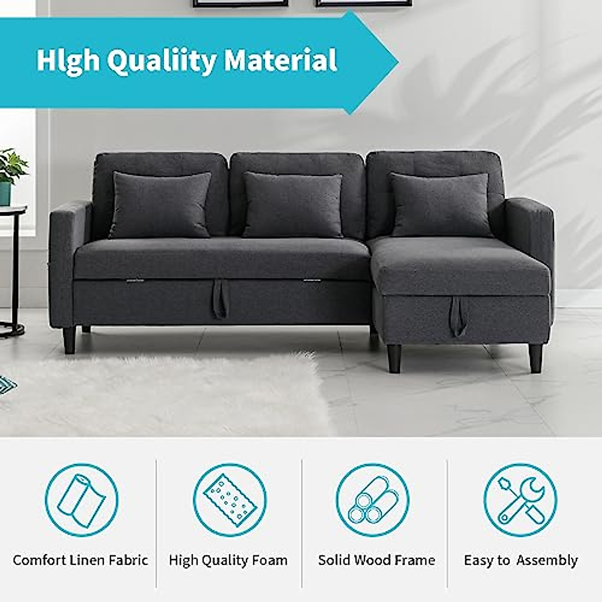 CECER Convertible Sofa Bed with Storage Chaise, L-Shaped Modern Couch with Side Pockets, Upholstered Linen Sectionals with Sleeper for Living Room/Home Office/Easy Assembly - Gray