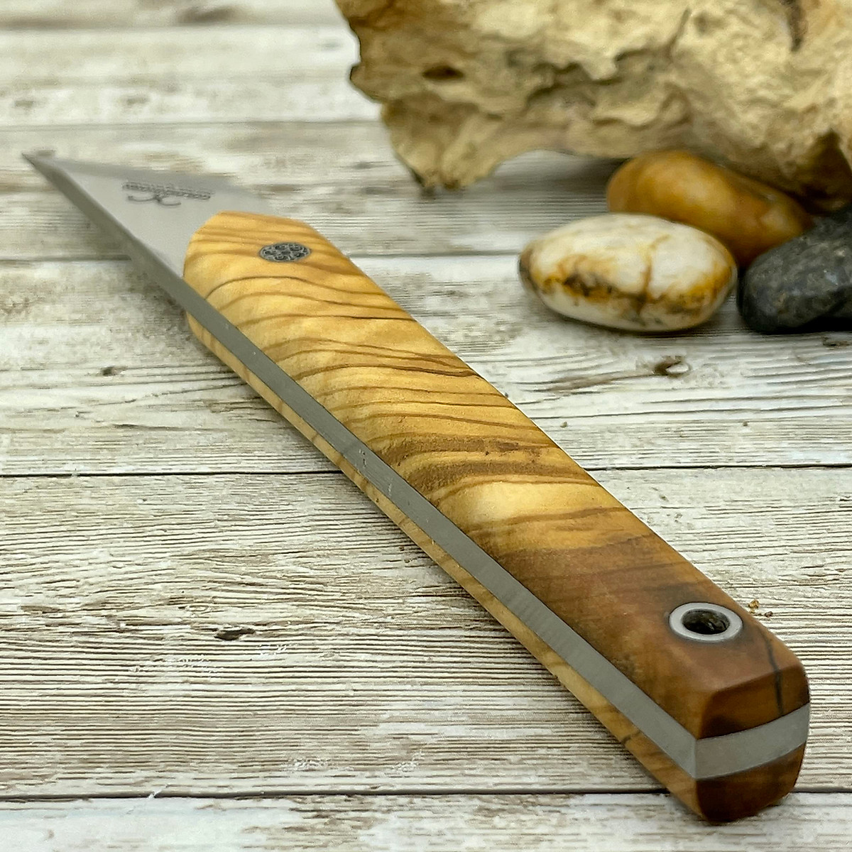 Kiridashi Knife, Japanese Wood Carving Knife 1/8 inch N690 Steel Blade Walnut or Olive Wood Handle with Leather Sheath (Olive Handle)