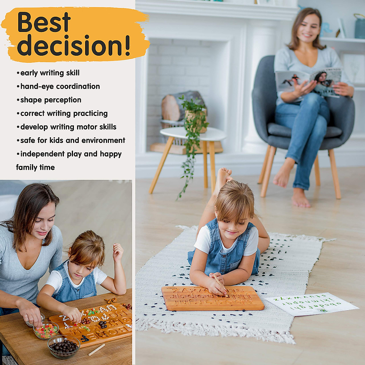 Panda Brothers Wooden Alphabet Tracing Board - Wooden Montessori Toys for 3 4 5 Year Old Kids, Educational Toy for Kids, Reversible Uppercase and Lowercase Letters, Fine Motor Skills Toys, STEM Toys