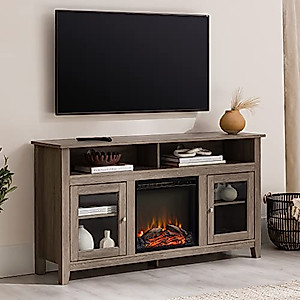 Walker Edison Glenwood Rustic Farmhouse Glass Door Highboy Fireplace TV Stand for TVs up to 65 Inches, 58 Inch, Driftwood