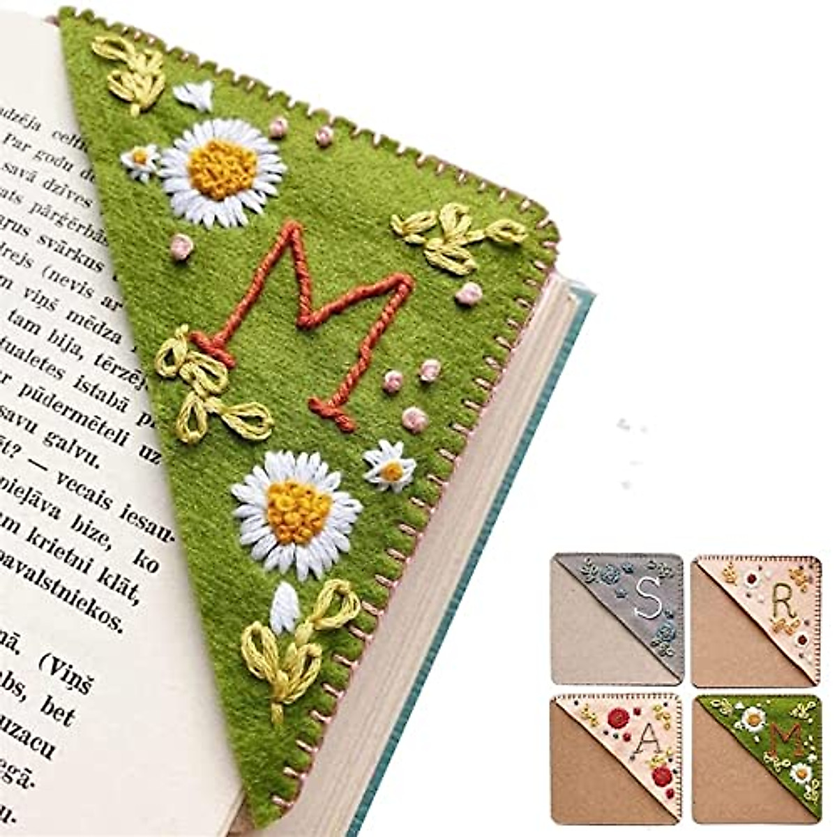 Personalized Hand Embroidered Corner Bookmark,26 Letters Hand Stitched Felt Corner Bookmarks,Flower Letter Embroidery Bookmarks for Book Lovers (Summer,R)