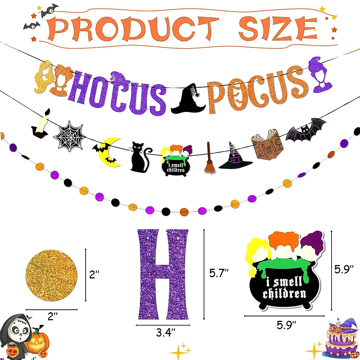 iPartycool Halloween Decorations-Hocus Pocus Decor, Glitter Hocus Pocus Banner, Hocus Pocus Party Decorations, Halloween Hanging Paper Garland Bunting Banner Witches for Wall Home Mantle Office Wall