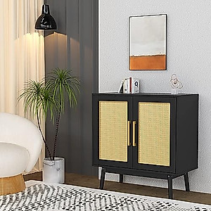 RESOM Black Rattan Accent Storage Cabinet, Sideboard Buffet Cabinet with Rattan Doors, Modern Wood Cabinet for Living Room, Dining Room, Kitchen, Entryway and Hallway