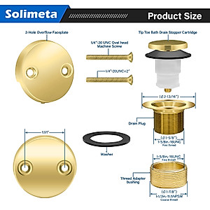 Solimeta Tip-Toe Tub Trim Set with Two-Hole Overflow Faceplate, Bath Tub Drain Trim Set with Universal Fine Thread, Polished Brass