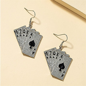 KVANU Unique Funny Hypoallergenic Alloy Sparkly Crystal Poker hearts and spades A Ace Playing Cards Dangle Drop Stud Earrings For Women Gambling Casino Jewelry Gift (Black)