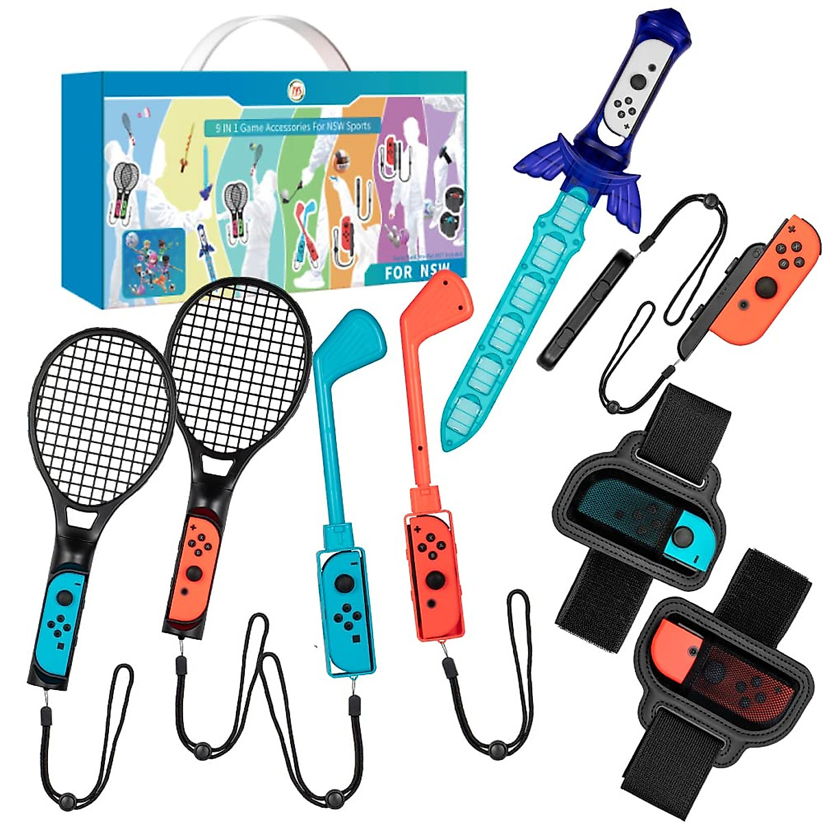 Mviioe for Switch Accessories Bundle Compatible with Nintendo Switch/Switch OLED for Nintendo Switch Sports Games with Leg Straps, Tennis Rackets, Glof Clubs, Sword, Wrist Straps(9 in 1)