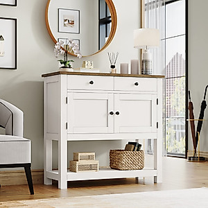 HOSTACK Farmhouse Console Table with 2-Door Cabinet & 2 Drawers, Coffee Bar, Entryway Table with Storage Shelf, Sofa Tables Buffet Sideboard for Kitchen, Hallway, Dining, Living Room, White
