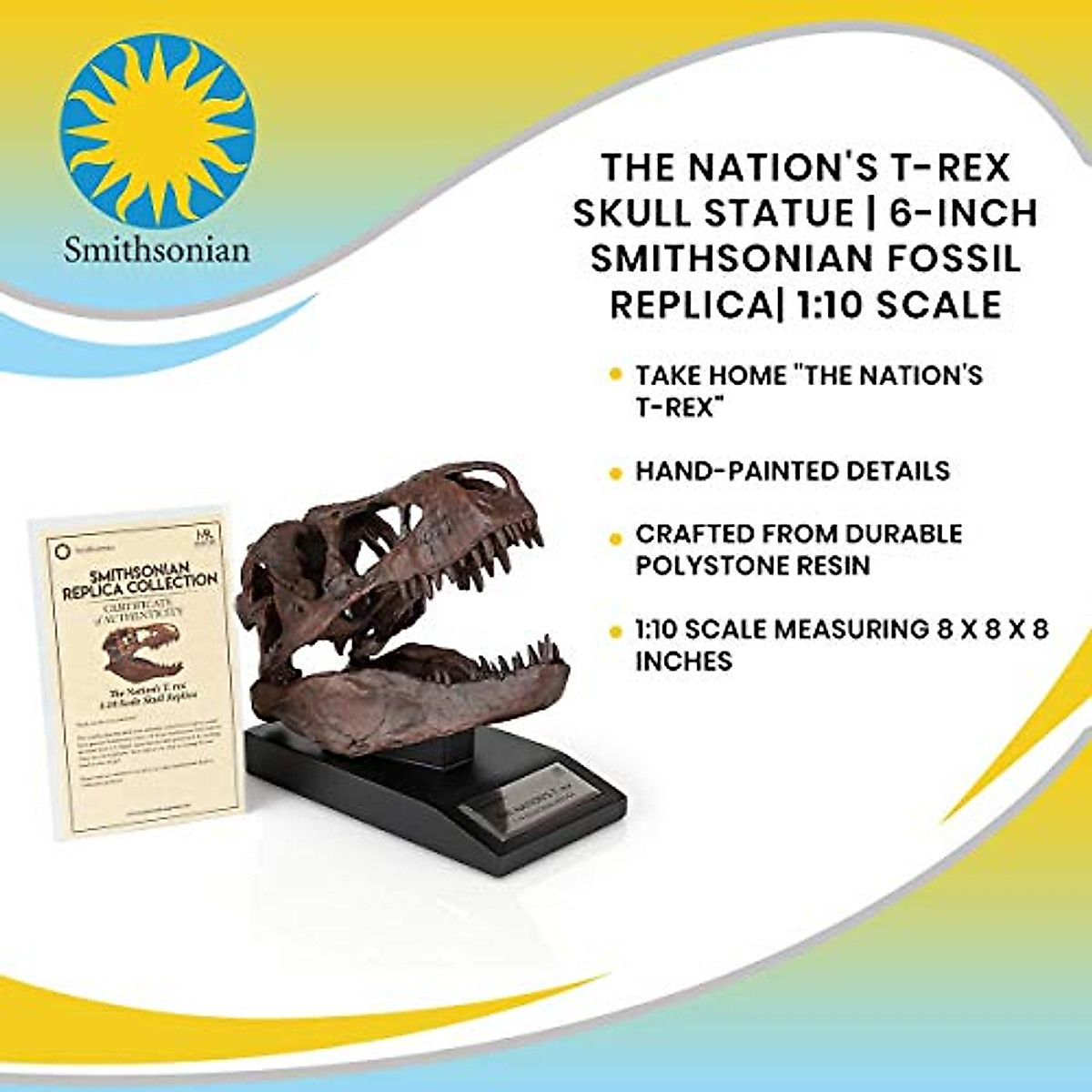 The Nation's T-Rex Skull Statue | Smithsonian Fossil Replica | 6-Inch Tall Tyrannosaurus Rex Desk Statue | 1:10 Scale