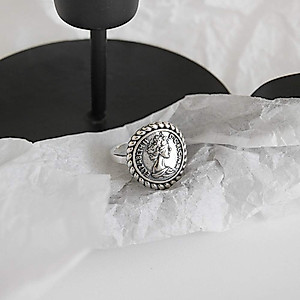 Antique Disc Carved Coin Open Statement Rings 925 Sterling Silver for Women Men Adjustable Fashion Vintage Goddess Worship Celebrity Medal Reversible Ring Stacking Promise Finger Band