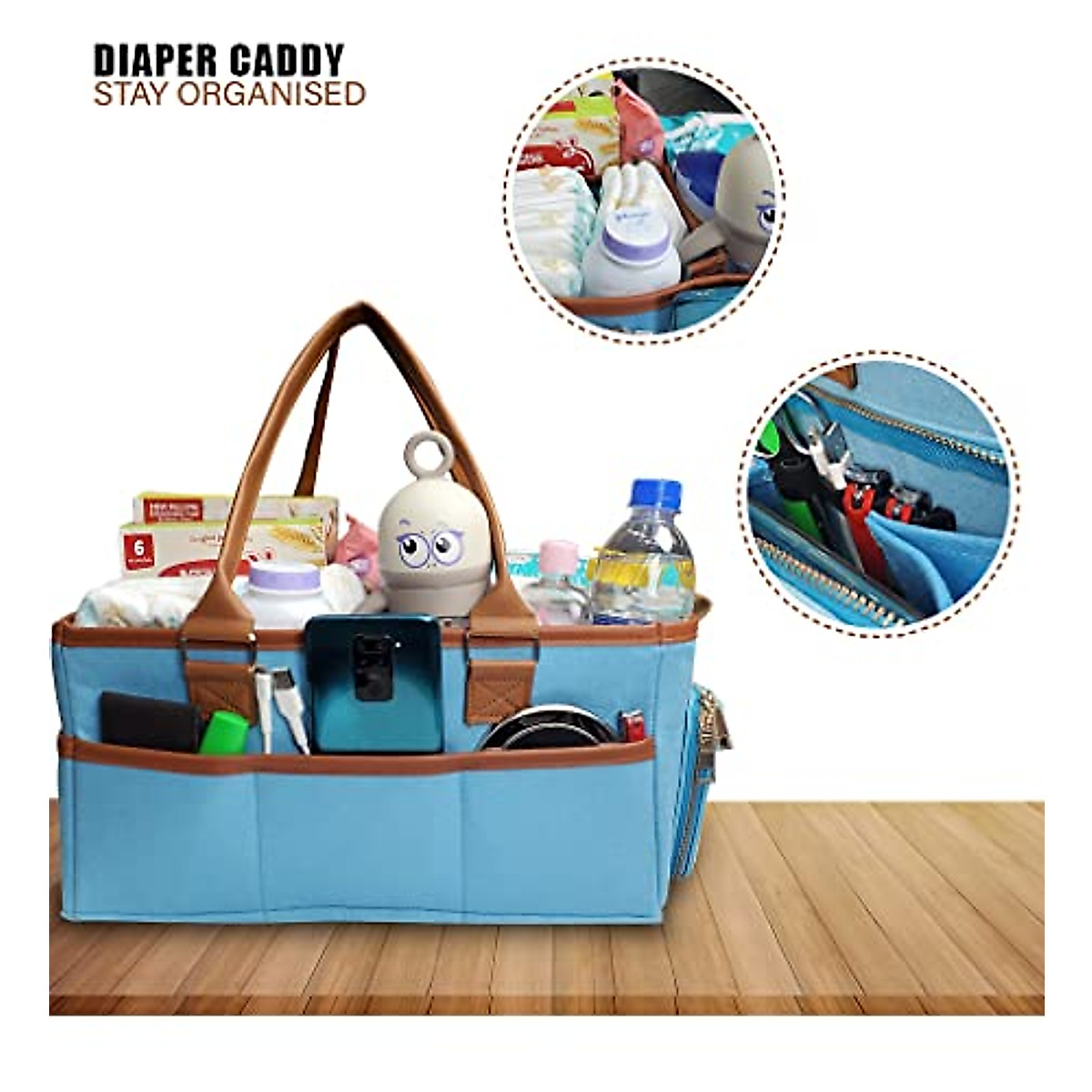 MELWEY Diaper Caddy - Newborn Essentials Must Haves,Baby Registry Basket,Nursery Changing Table and Car Storage Basket Organizer for Baby Boys Girls Shower Gift (Blue With Straps)